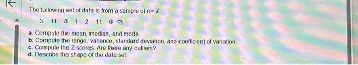 Solved The following set of data is from a sample of n=7 | Chegg.com