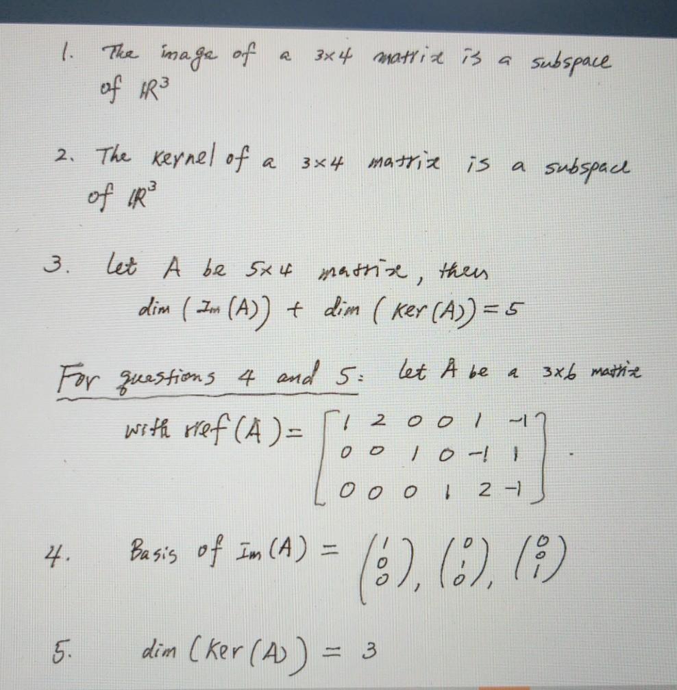 Solved 334 matrix is a 1. The image of a of R3 subspace 2. | Chegg.com