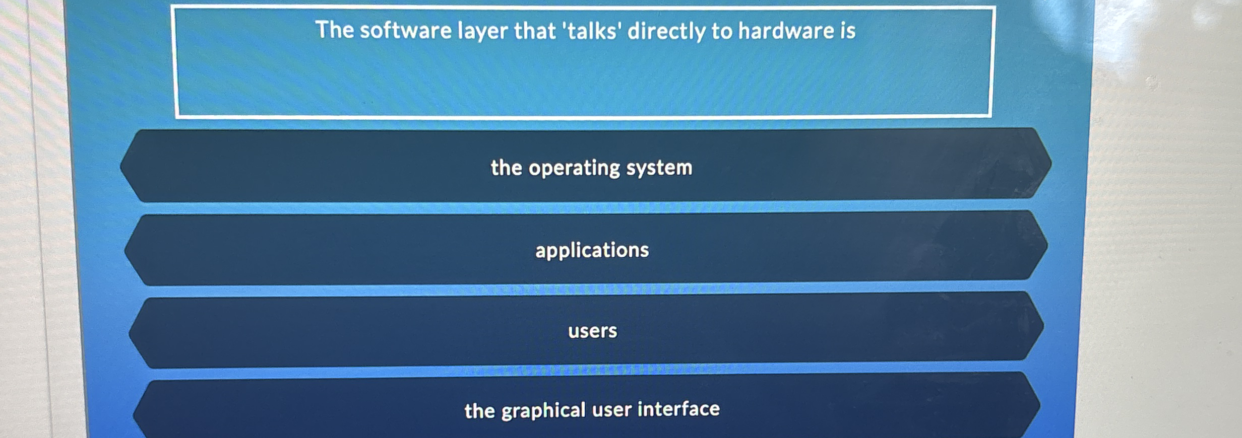 Solved The software layer that 'talks' directly to hardware | Chegg.com