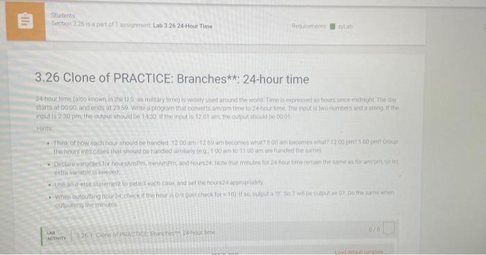 Solved 3.26 Clone of PRACTICE: Branches ⋆⋆:24-hour time | Chegg.com