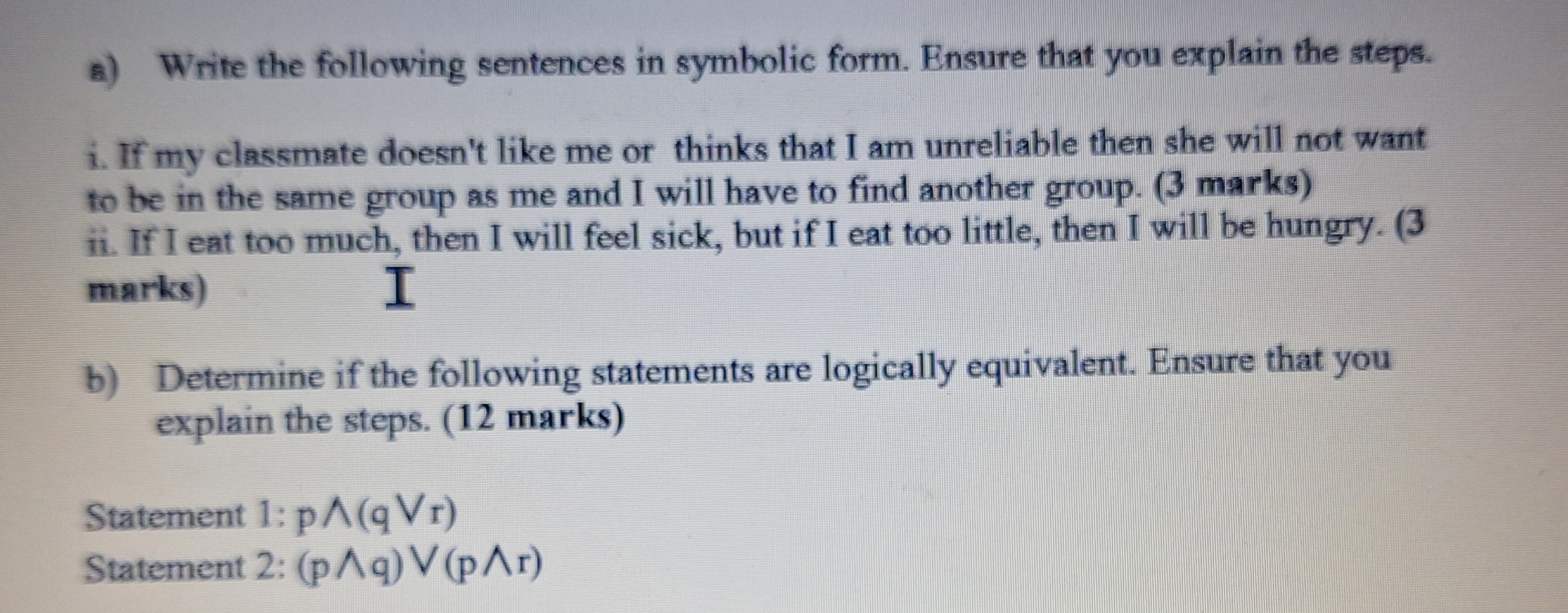 a) ﻿Write the following sentences in symbolic form. | Chegg.com