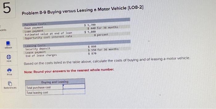 Solved Problem 8-9 Buying versus Leasing a Motor Vehicle | Chegg.com