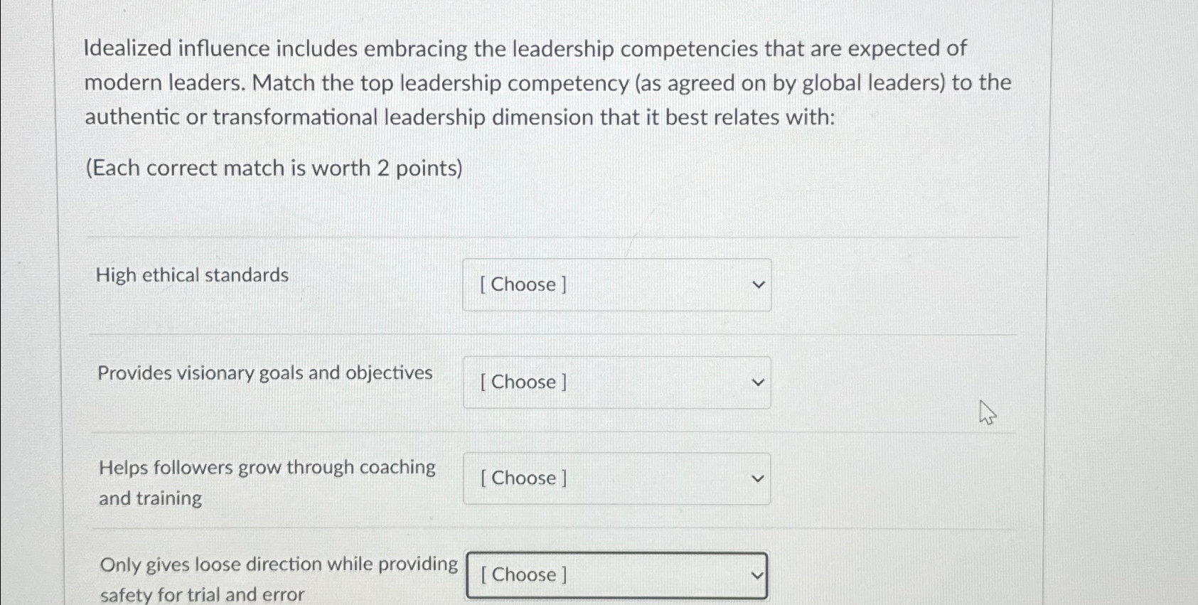 Solved Idealized influence includes embracing the leadership | Chegg.com