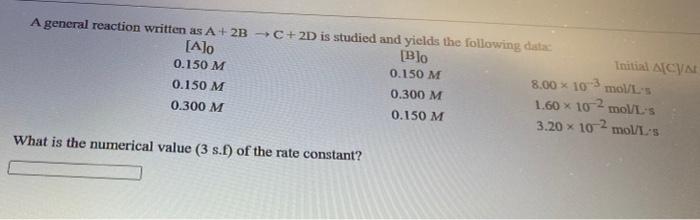 Solved A general reaction written as A+ 2B - C+2D is studied | Chegg.com