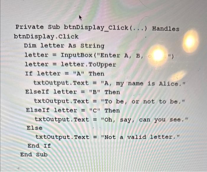 Solved Private Sub btndisplay_Click (...)Handles | Chegg.com