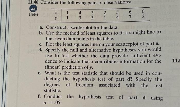 Solved 11.A6 Consider the following pairs of observations: | Chegg.com