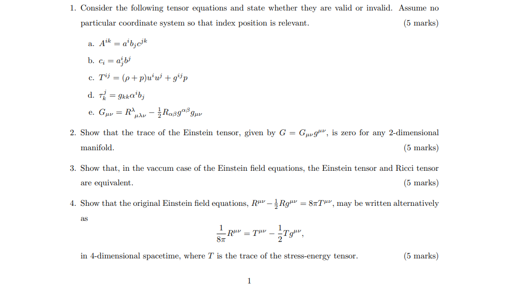 Solved Consider the following tensor equations and state | Chegg.com