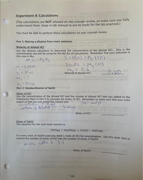 Solved Experiment 8: Calculations (The calculations are NOT | Chegg.com