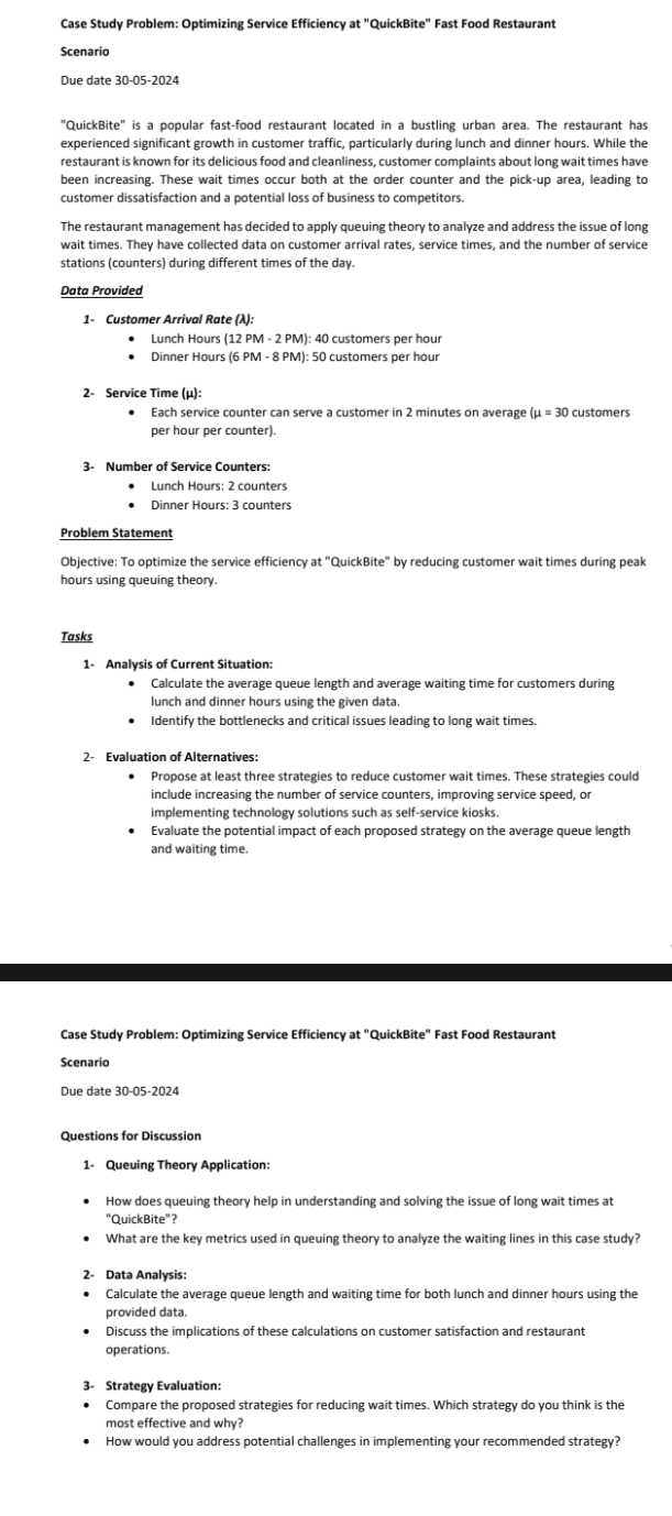 Solved Case Study Problem: Optimizing Service Efficiency at | Chegg.com