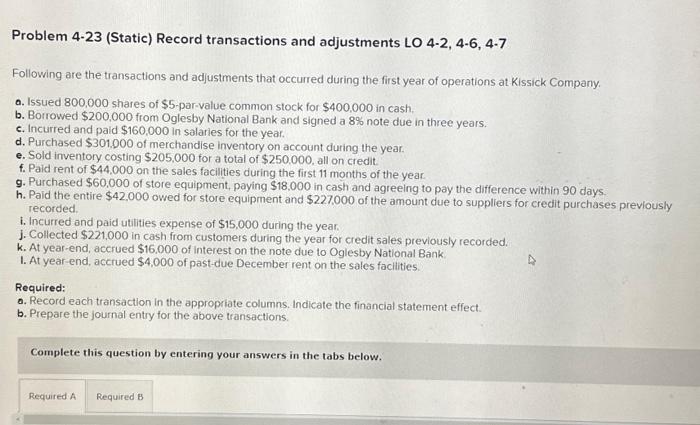 Solved Problem 4-23 (Static) Record transactions and | Chegg.com