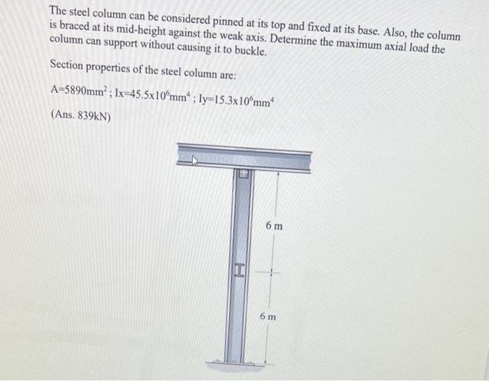 Solved The steel column can be considered pinned at its top | Chegg.com