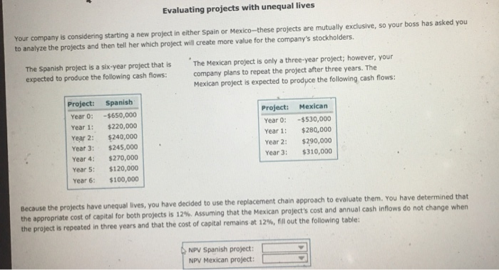 Solved Evaluating projects with unequal lives Your company | Chegg.com