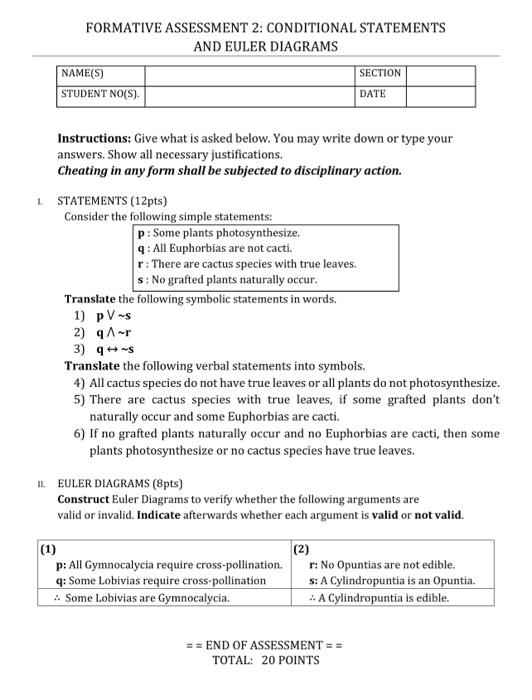 Solved FORMATIVE ASSESSMENT 2: CONDITIONAL STATEMENTS AND | Chegg.com