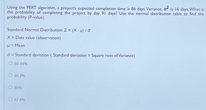 Solved Using the PERT algorithm, a project's expected | Chegg.com