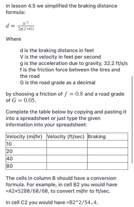 Solved In lesson 4.5 we simplified the braking distance | Chegg.com