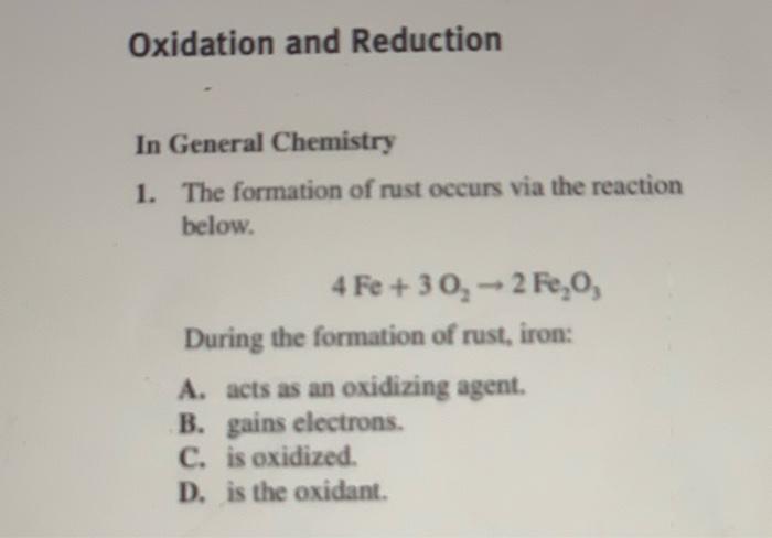 Solved Oxidation and Reduction In General Chemistry 1. The | Chegg.com