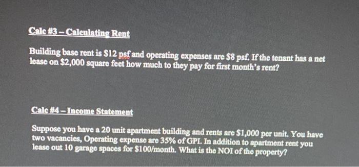 Solved Calc #3 - Calculating Rent Building base rent is $12 | Chegg.com