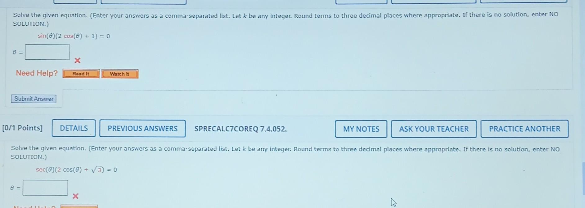 Solved SOLUTION.) sin(θ)(2cos(θ)+1)=0θ= [0/1 Points] | Chegg.com