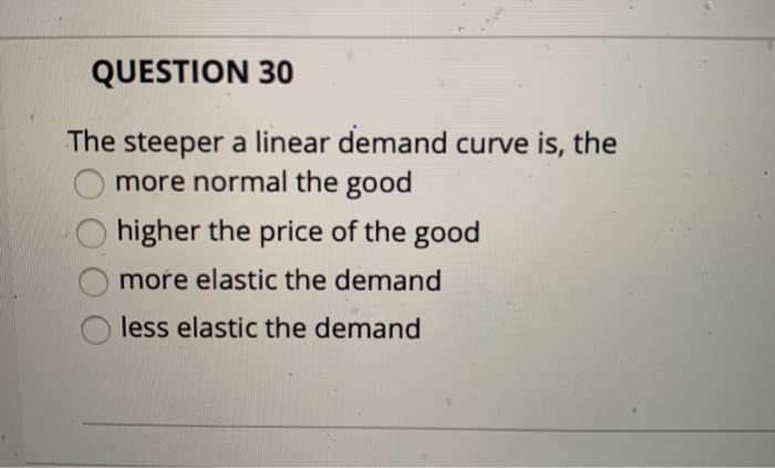 Solved QUESTION 30 The steeper a linear demand curve is, the | Chegg.com