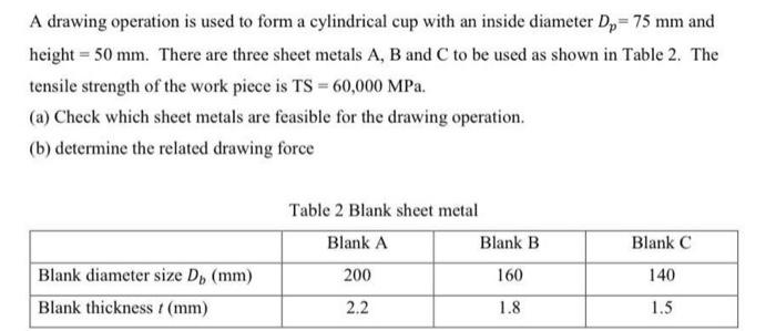 Solved A drawing operation is used to form a cylindrical cup | Chegg.com