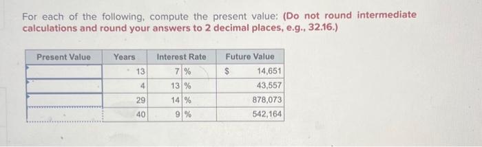 Solved For each of the following, compute the present value: | Chegg.com