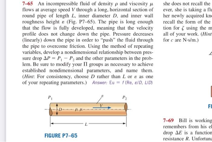 7-65 An incompressible fluid of density ρ and | Chegg.com