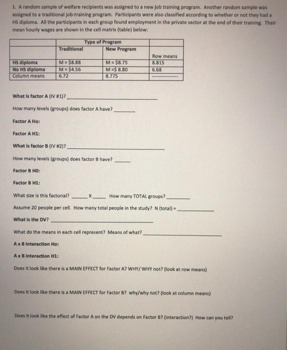 Solved 1. A random sample of welfare recipients was assigned | Chegg.com
