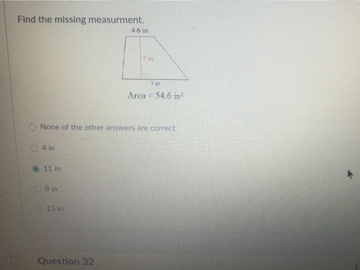 Solved Find the missing measurment. 4.6 in 7 in ? in Area = | Chegg.com