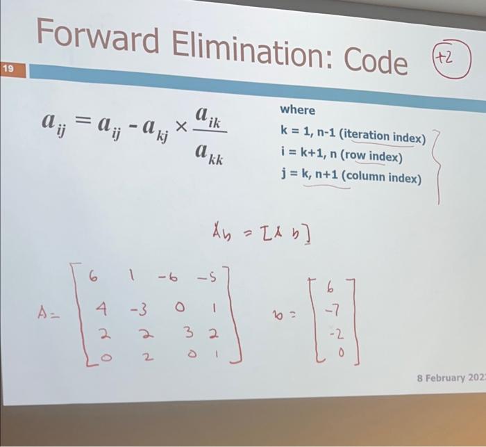 Solved Forward Elimination: Code (2) aij=aij−akj×akkaik | Chegg.com
