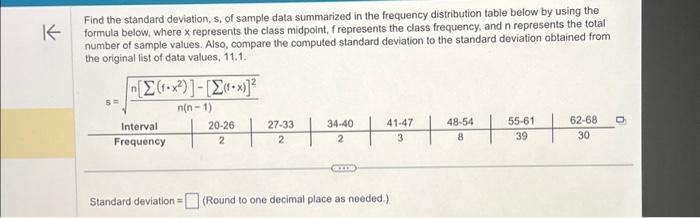 Solved Find the standard deviation, s, of sample data | Chegg.com
