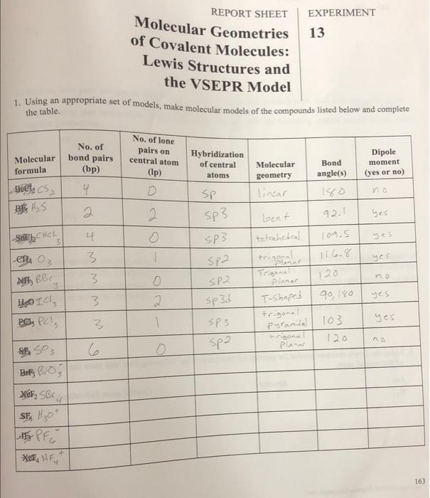 Solved EXPERIMENT 13 REPORT SHEET Molecular Geometries of | Chegg.com
