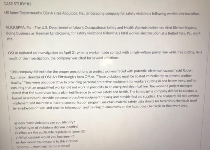 Solved CASE STUDY #1 US labor Department's OSHA cites | Chegg.com