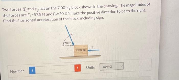Solved Two forces, F1 and F2, act on the 7.00−kg block shown | Chegg.com