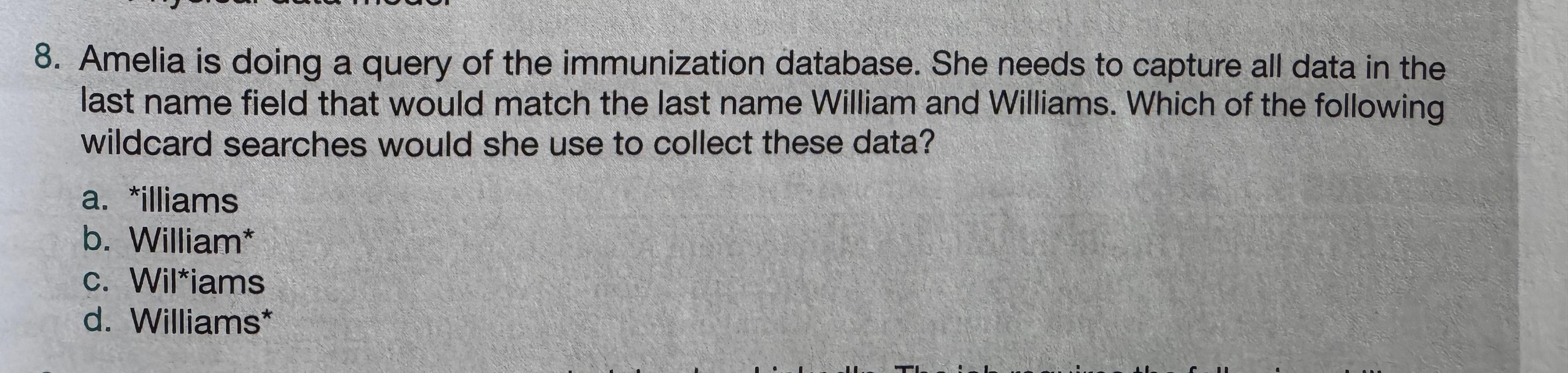 Solved Amelia is doing a query of the immunization database. | Chegg.com