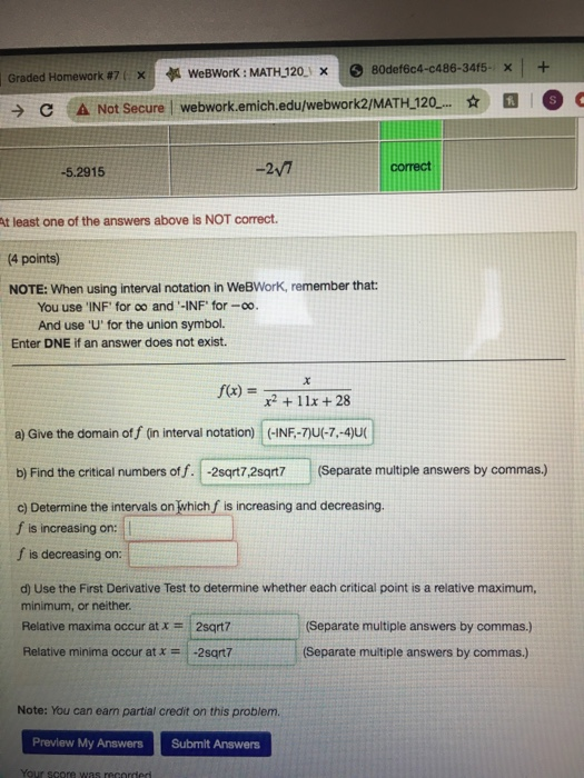Solved + Graded Homework #7 X WebWork : MATH_120x | Chegg.com