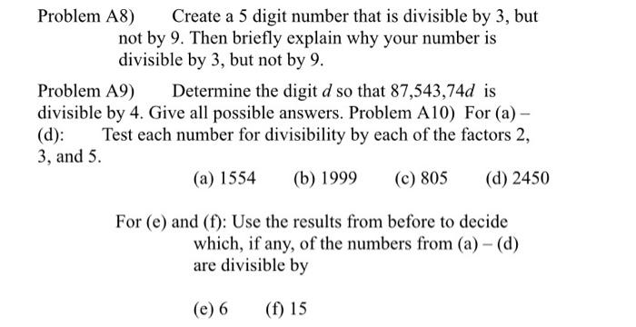 Solved Problem A8) Create a 5 digit number that is divisible | Chegg.com