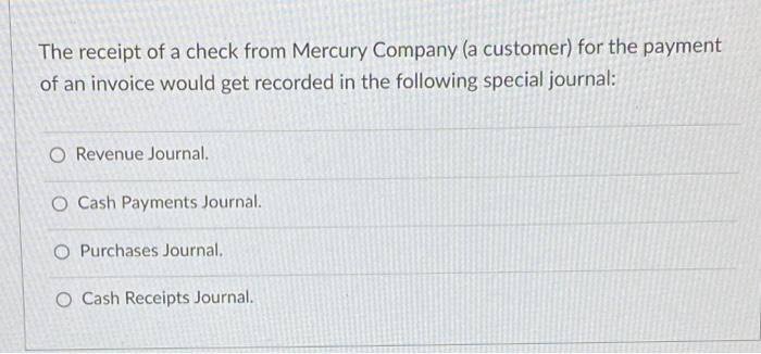 Solved The receipt of a check from Mercury Company (a | Chegg.com