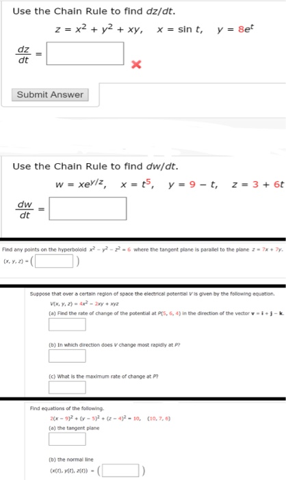 Solved Use the Chain Rule to find dz/dt. z = x2 + y2 + xy, x | Chegg.com