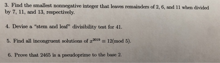 Solved 3. Find the smallest nonnegative integer that leaves | Chegg.com