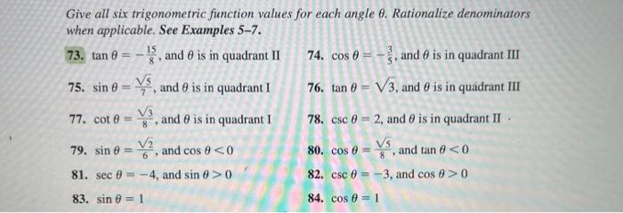 Solved Give all six trigonometric function values for each | Chegg.com