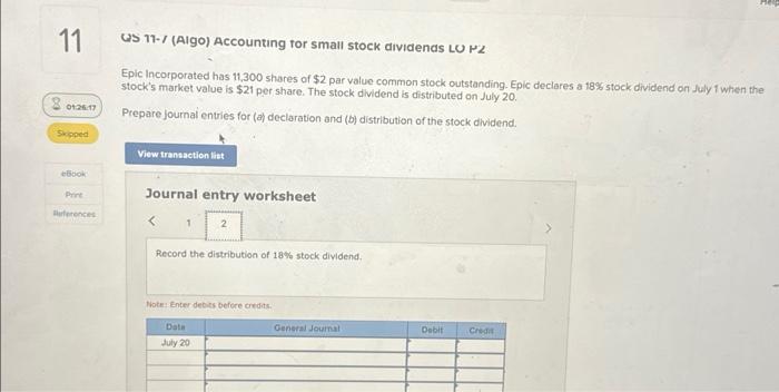 Solved US 11-/ (Algo) Accounting tor small stock dividends | Chegg.com