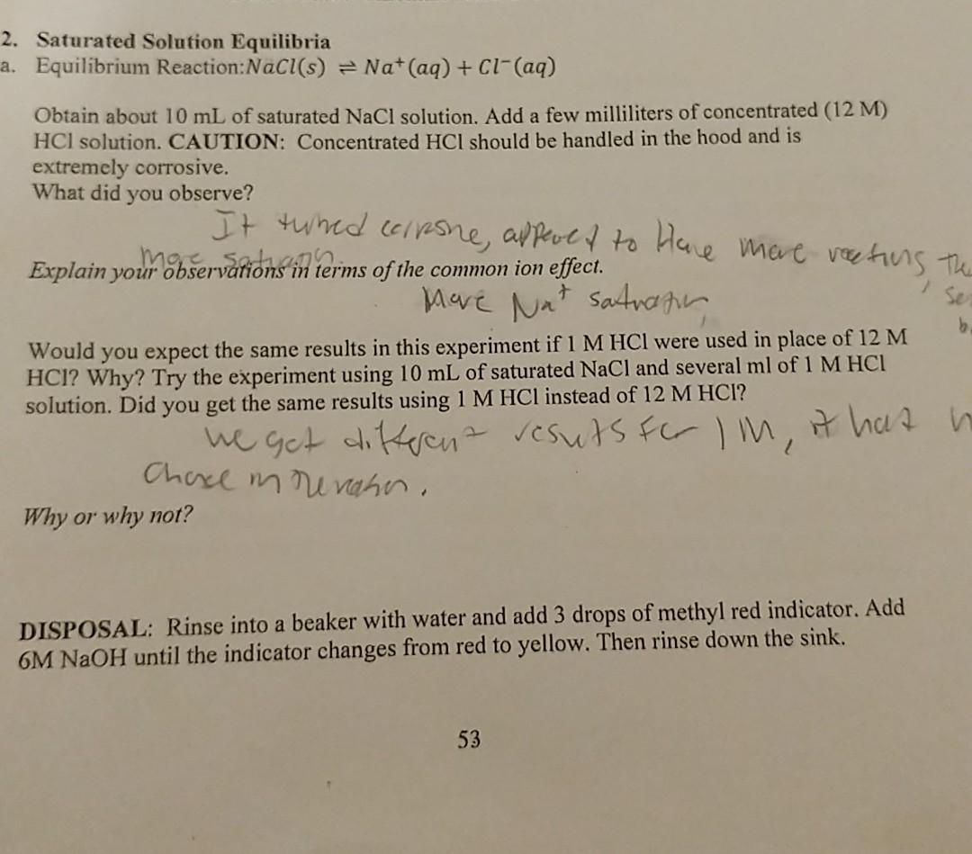 Solved 2. Saturated Solution Equilibria a. Equilibrium | Chegg.com
