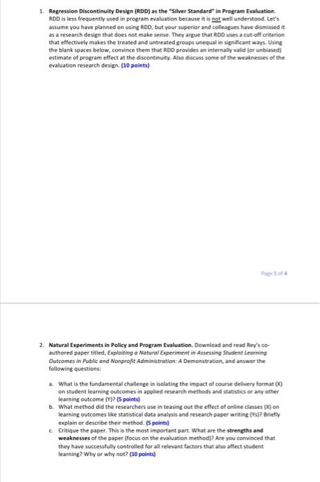 Solved 1 Regression Discontinuity Design Rdd As The