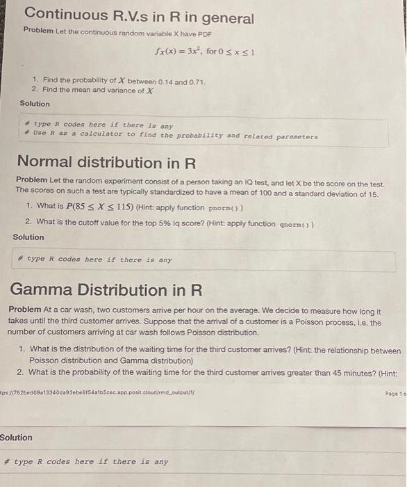Solved Continuous R.V.s in R in general Problem Let the | Chegg.com