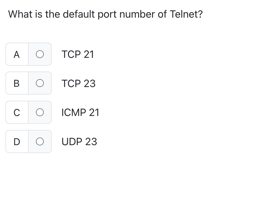 Solved What is the default port number of Telnet?A TCP | Chegg.com