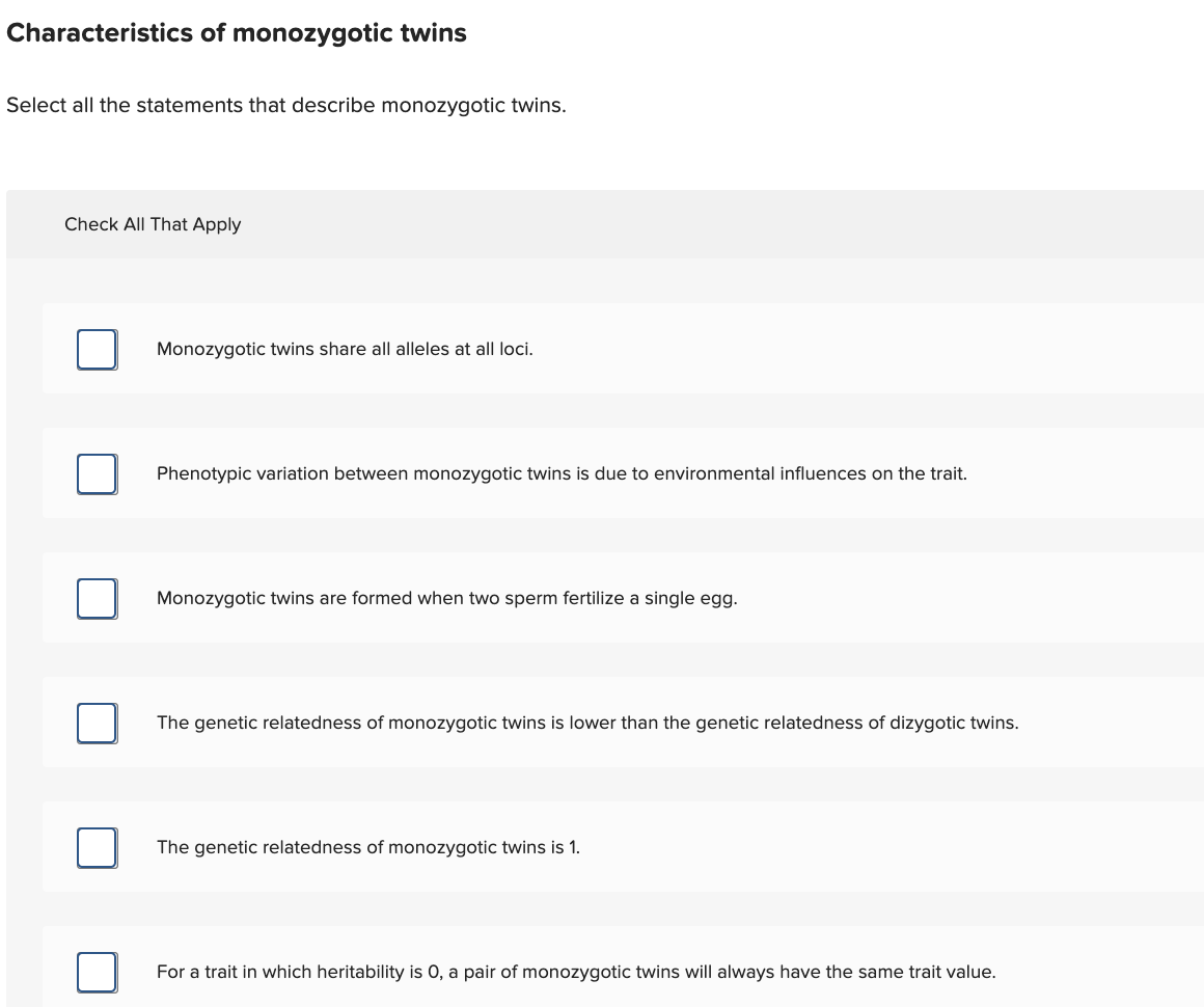 Solved Characteristics of monozygotic twinsSelect all the | Chegg.com