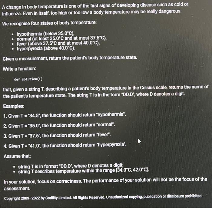 Solved A change in body temperature is one of the first | Chegg.com