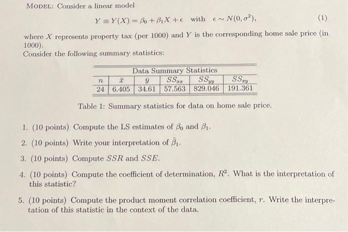 Solved ModeL: Consider a linear model Y≡Y(X)=β0+β1X+ϵ with | Chegg.com