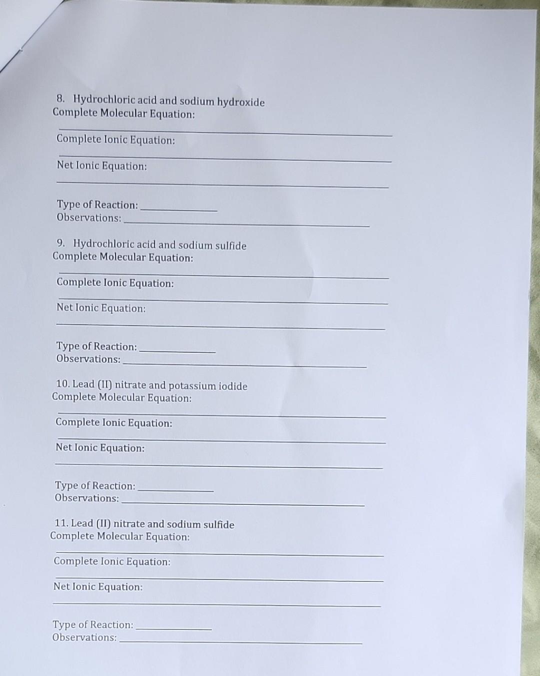 Solved Report Form: Complete the following for each | Chegg.com