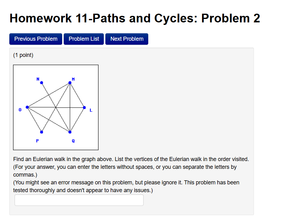 Solved (1 ﻿point)Find an Eulerian walk in the graph above. | Chegg.com